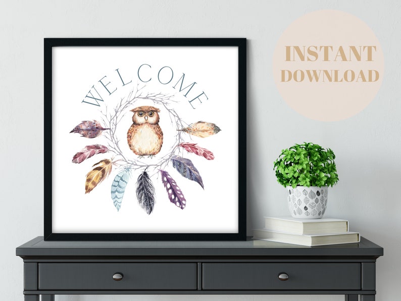 Owl WELCOME Sign, Feather Wall Art, Guest Room Wall Art, DIGITAL Print ...