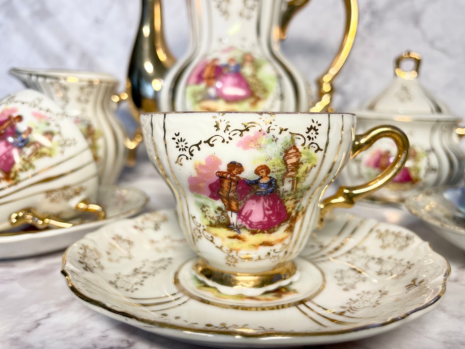 Vintage Tea Set, Courtship Scene, Gold & Beige - Etsy