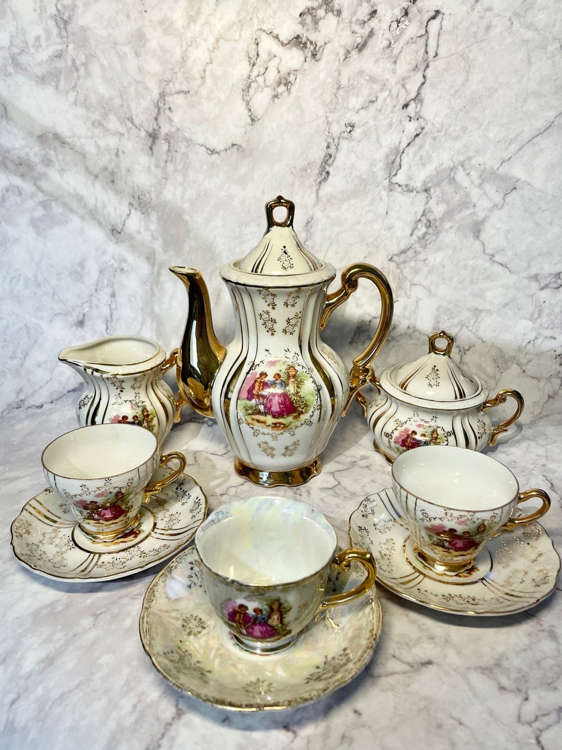 Vintage Tea Set, Courtship Scene, Gold & Beige - Etsy