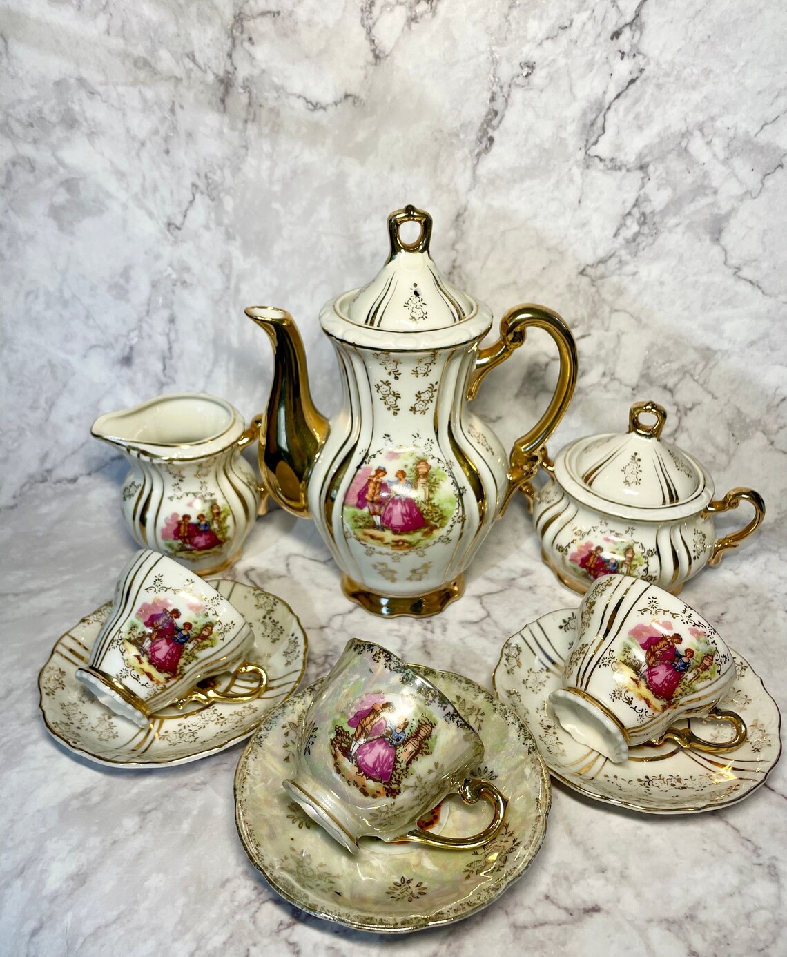 Vintage Tea Set Courtship Scene Gold & Beige - Etsy