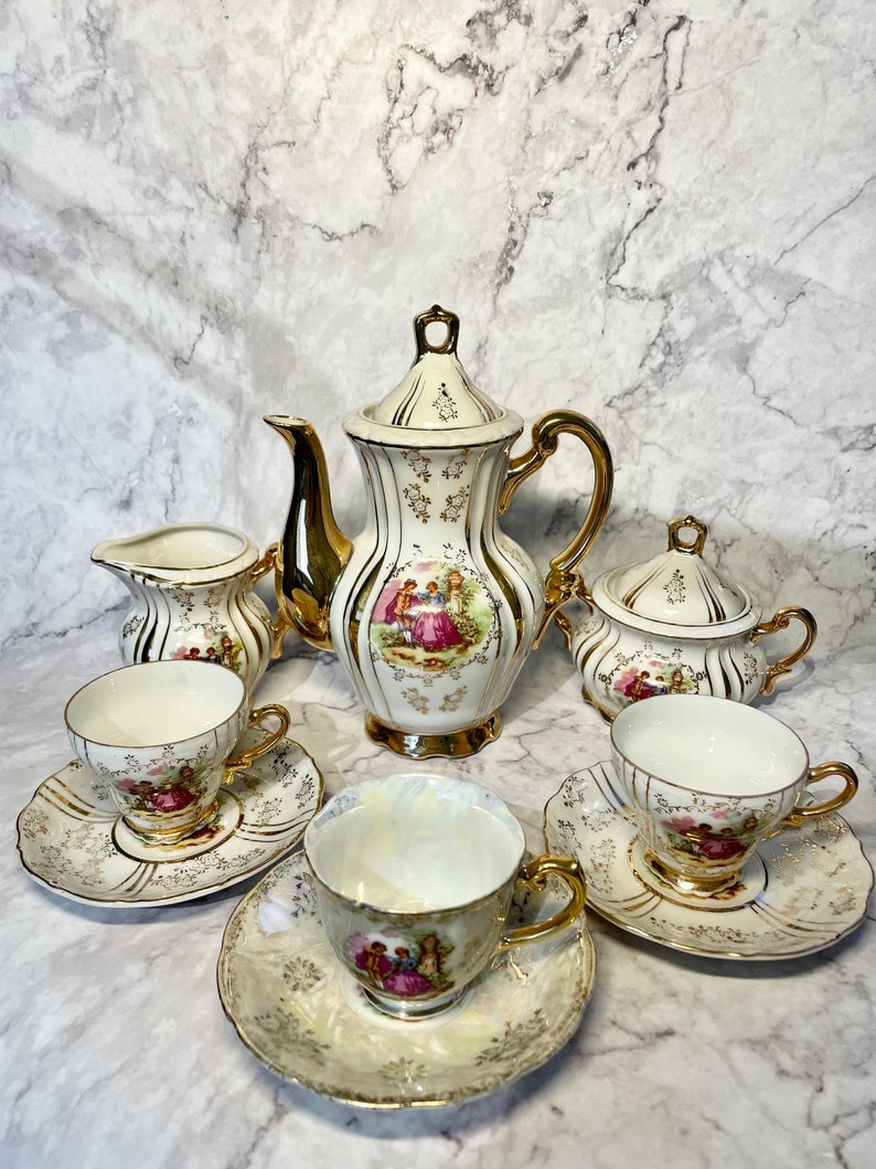 Vintage Tea Set Courtship Scene Gold & Beige - Etsy
