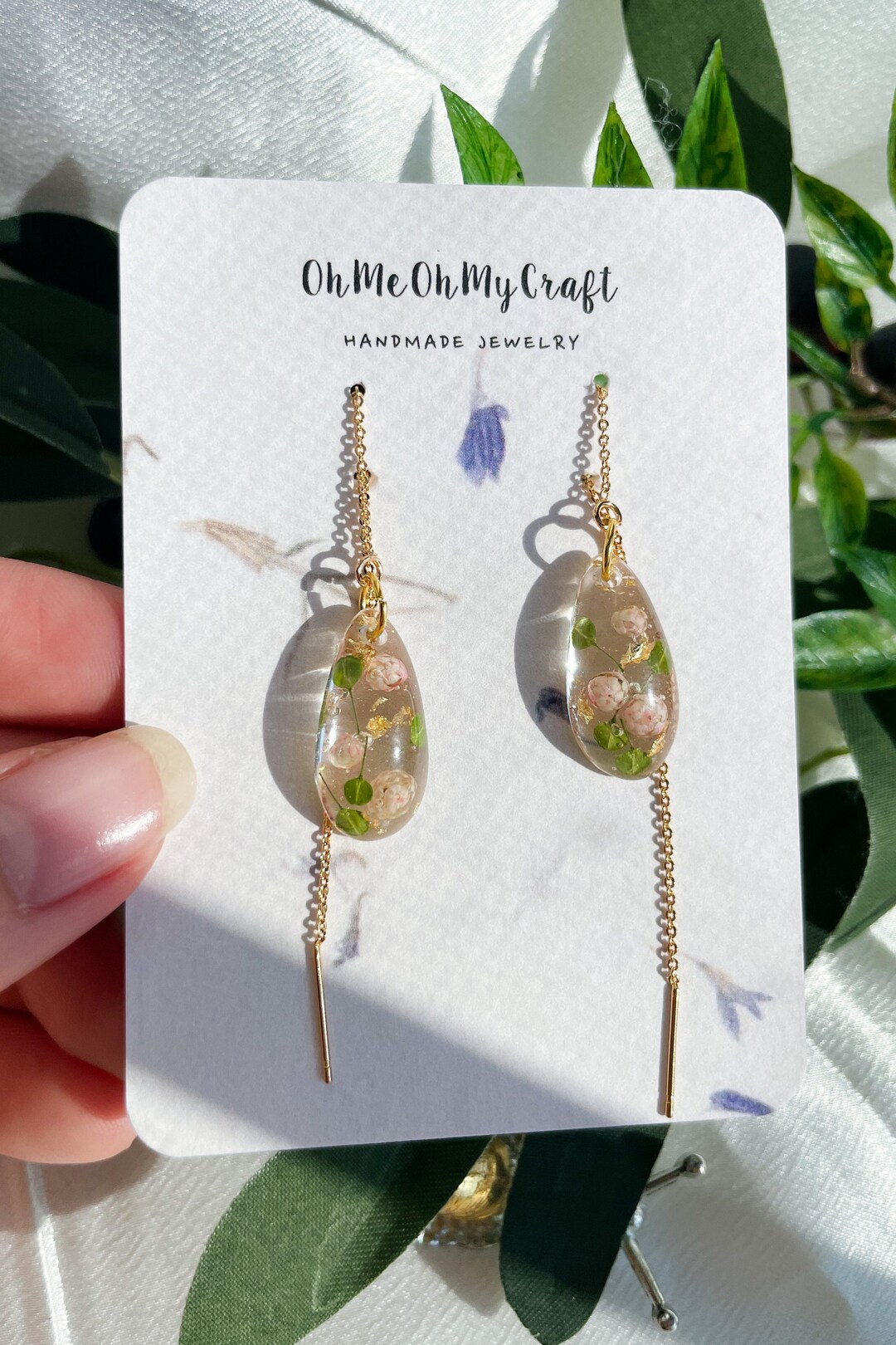 Handmade Ozothamus Flowers Threader Earrings 18k Gold Real Flowers ...