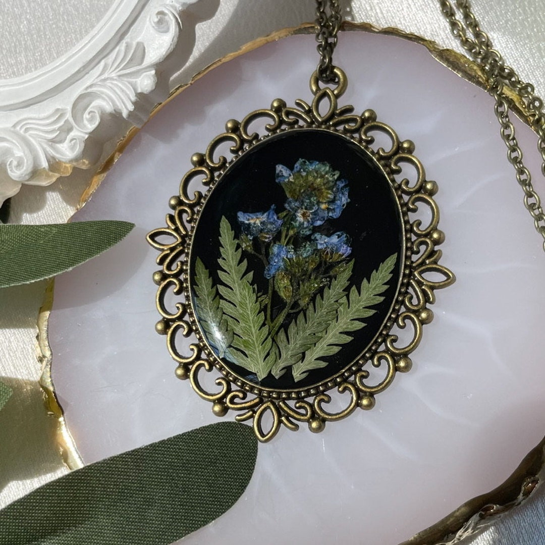 Pressed Dried Forget-me-not Flowers and Fern Necklace. Real Flower ...