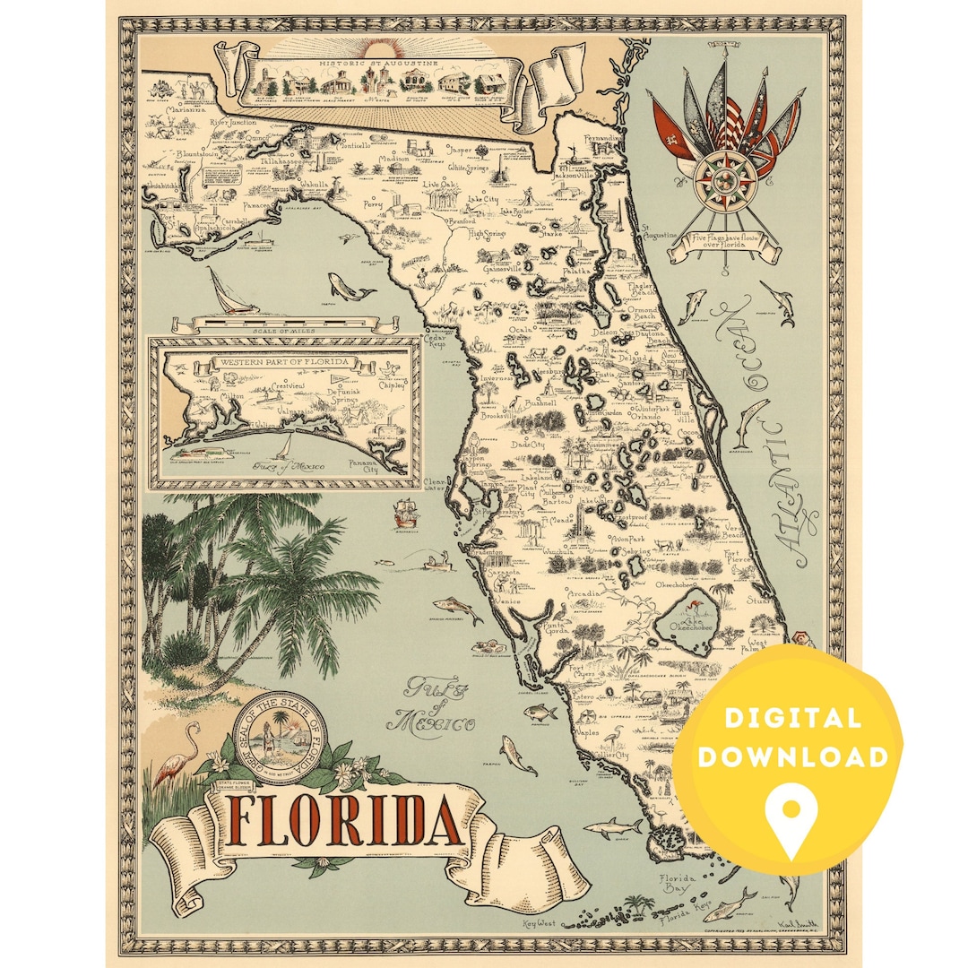 Map of Florida, Florida Map Print, Florida Poster, Florida State Map ...