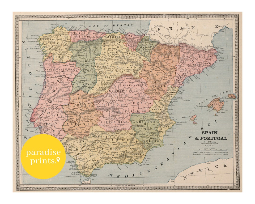Map of Spain, Spain Map Print, Spain Poster, Spain Wall Art, Old Map of ...