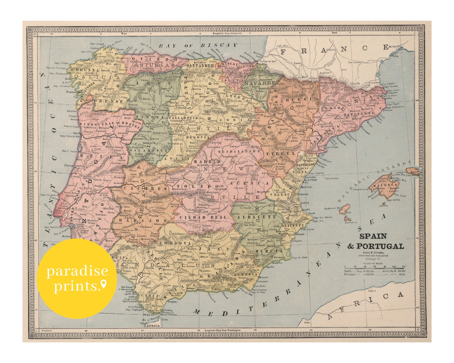 Map of Spain, Spain Map Print, Spain Poster, Spain Wall Art, Old Map of ...