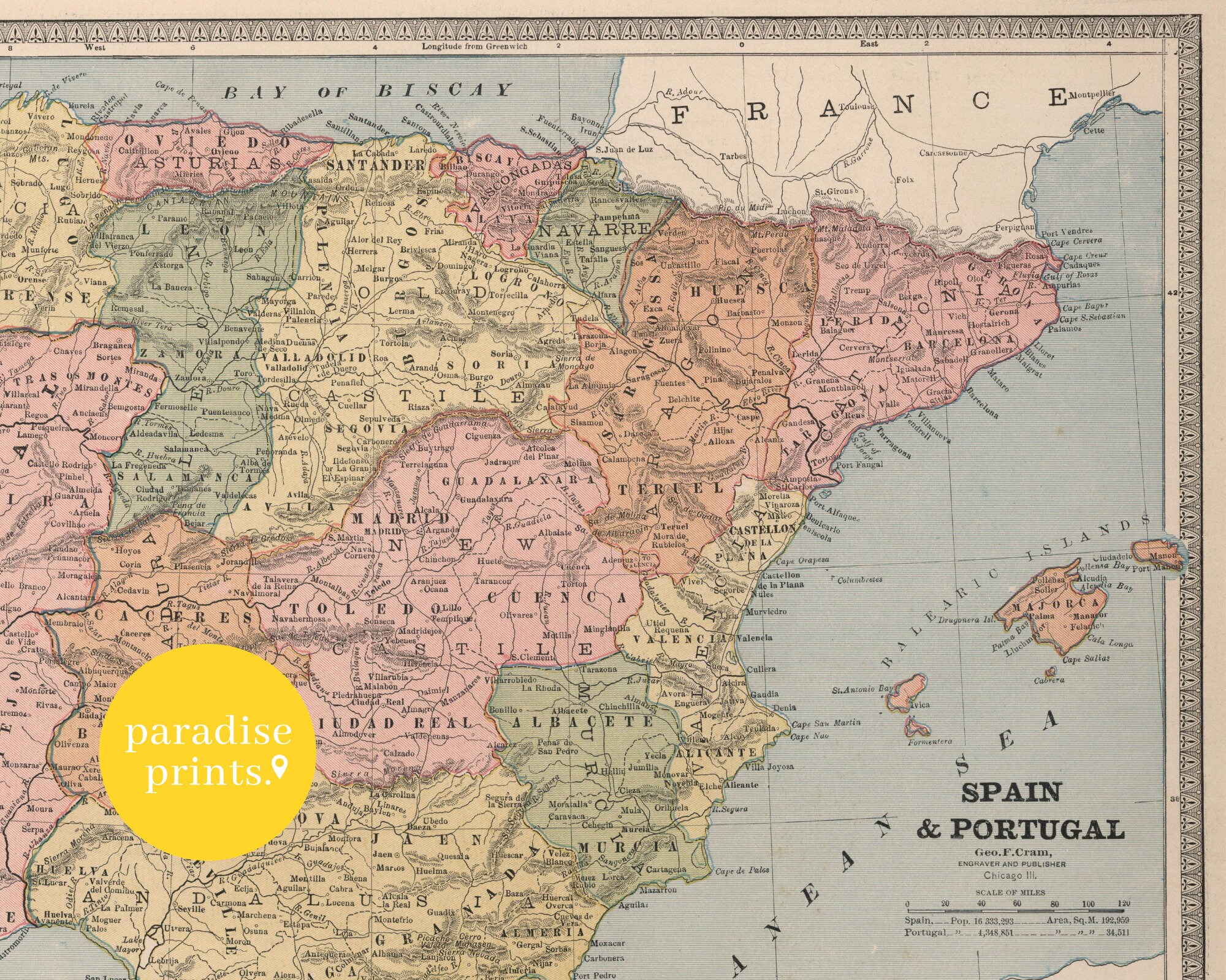 Map of Spain, Spain Map Print, Spain Poster, Spain Wall Art, Old Map of ...