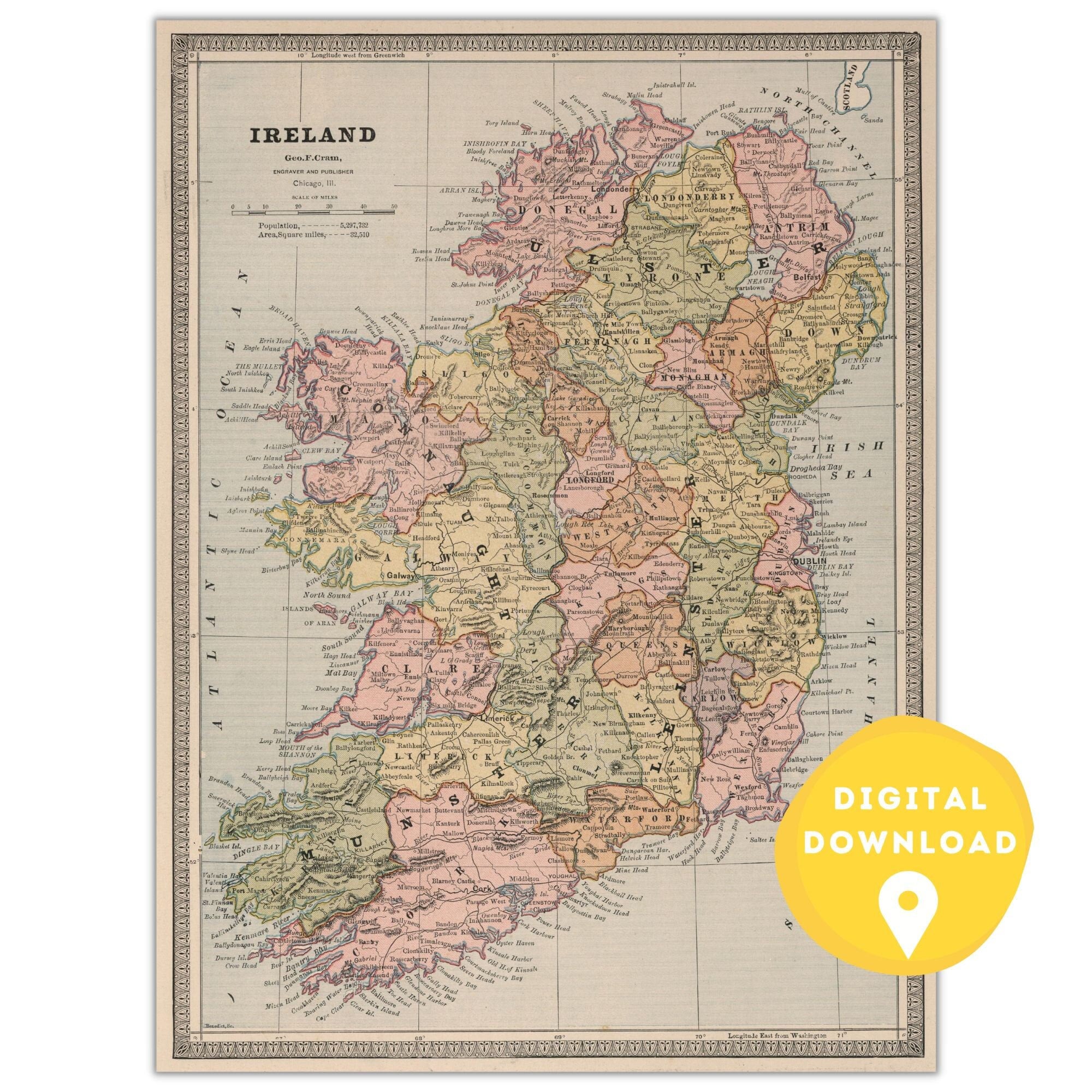 Map of Ireland, Printable Ireland Map, Ireland Map Poster, Ireland Map ...