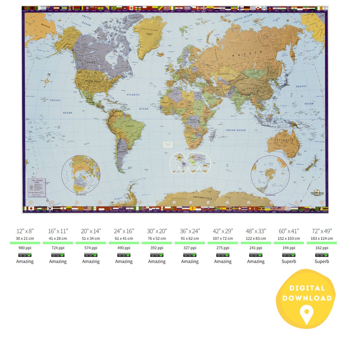 Digital World Political Map, Printable Political Map, World Map Poster ...