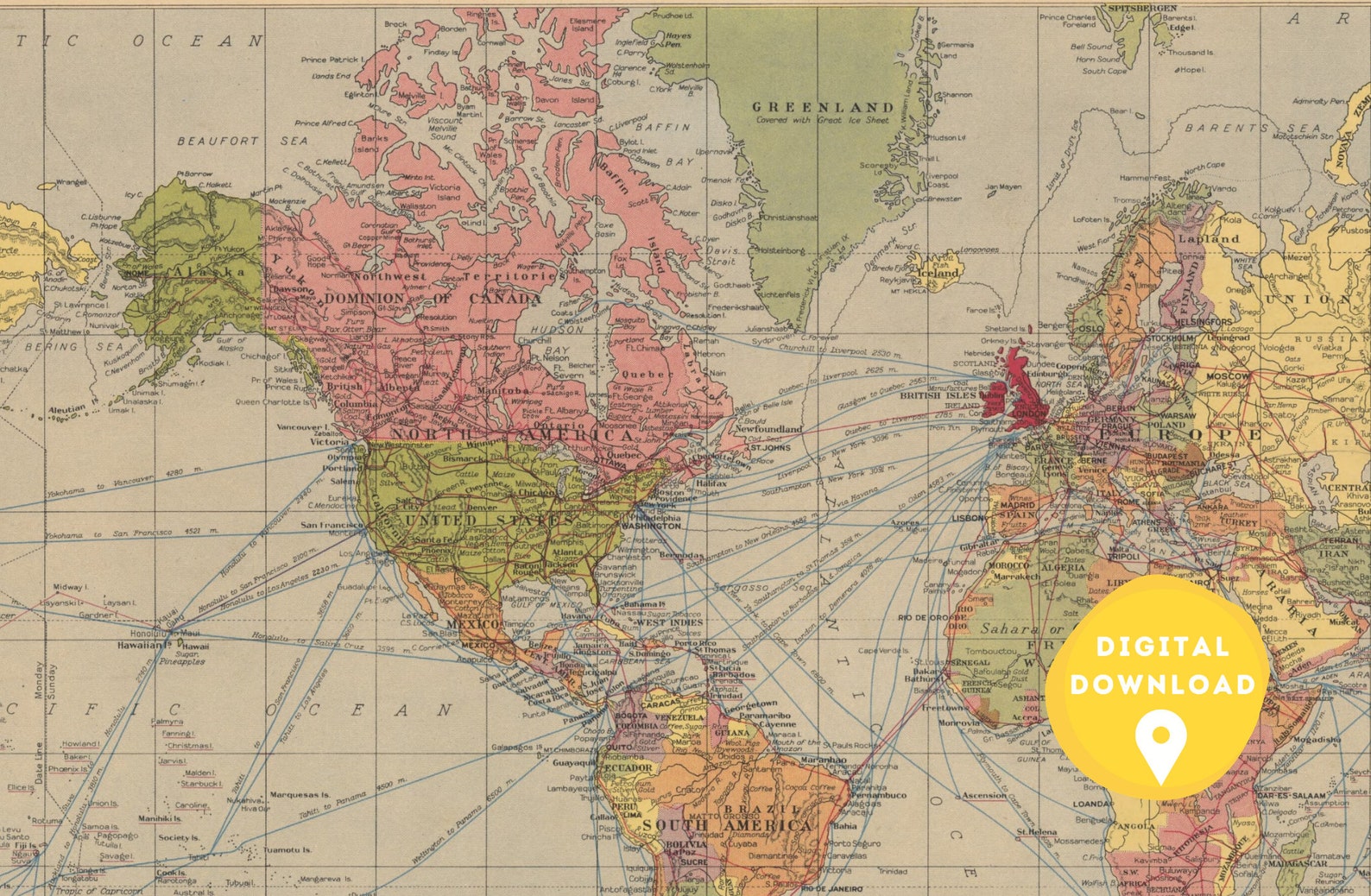 World Map, Air Routes. Digital Download, Vintage Map, Retro Map ...