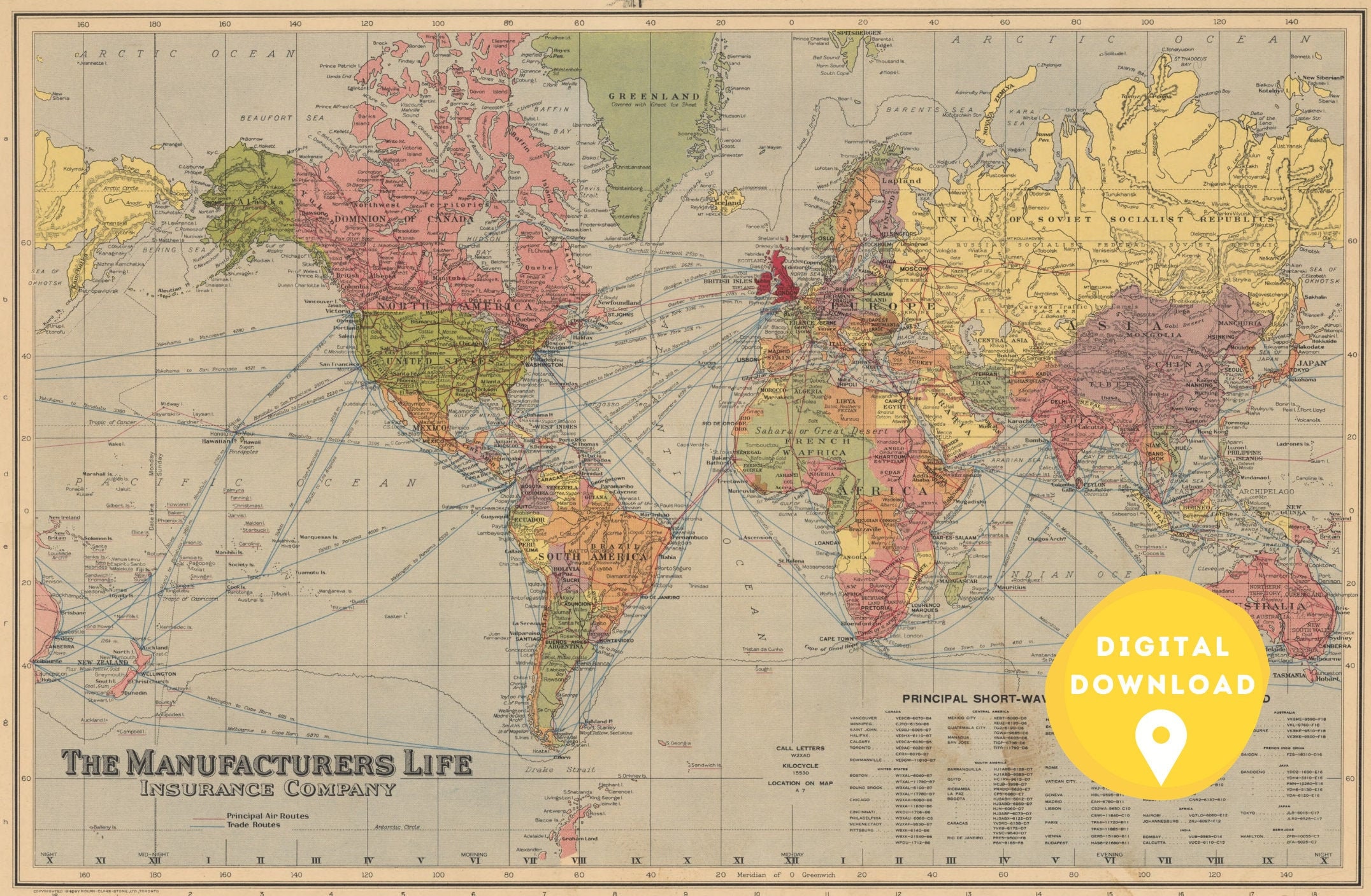 World Map, Air Routes. Digital Download, Vintage Map, Retro Map ...