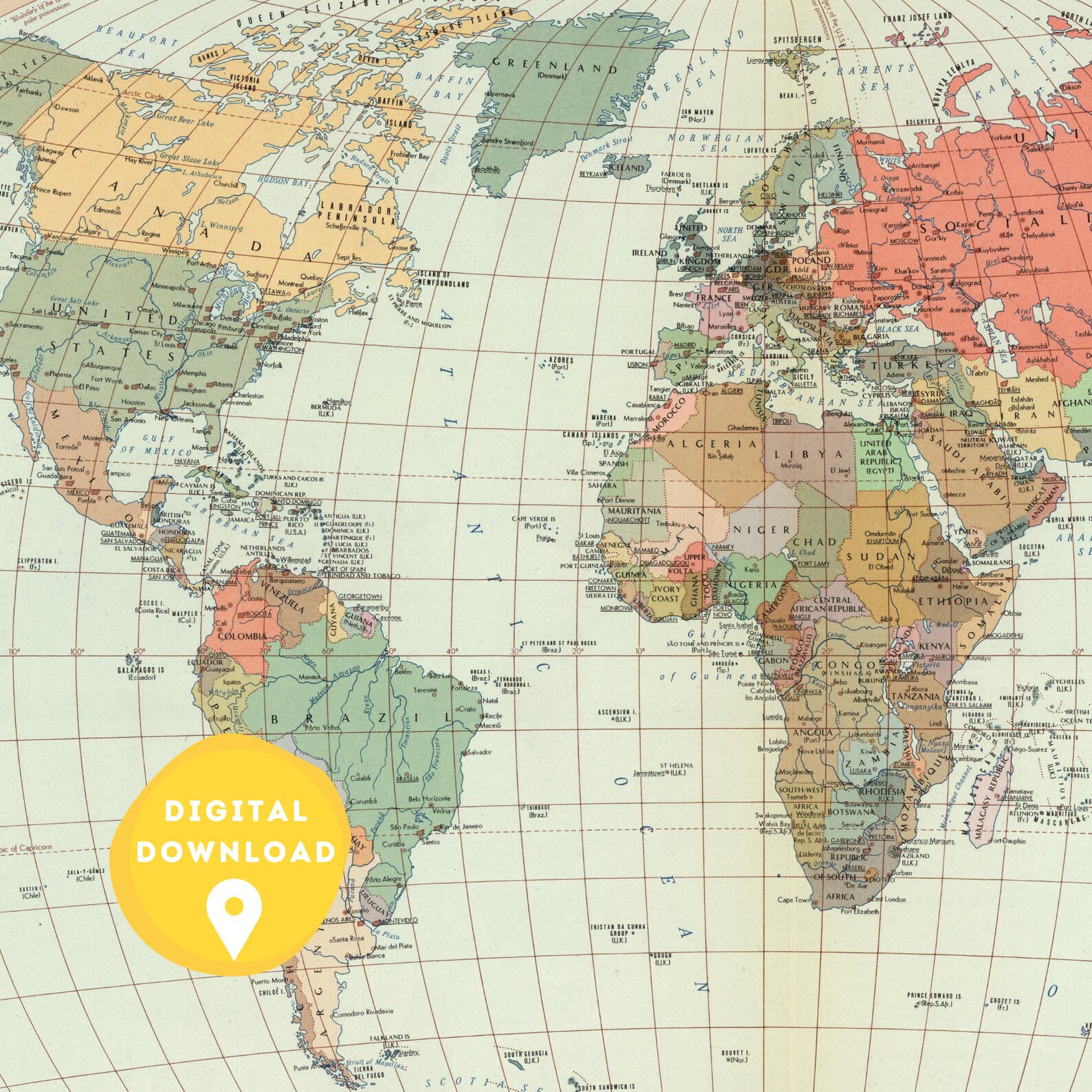 Vintage World Map Poster: 1967 World Atlas (digital Download) - Etsy