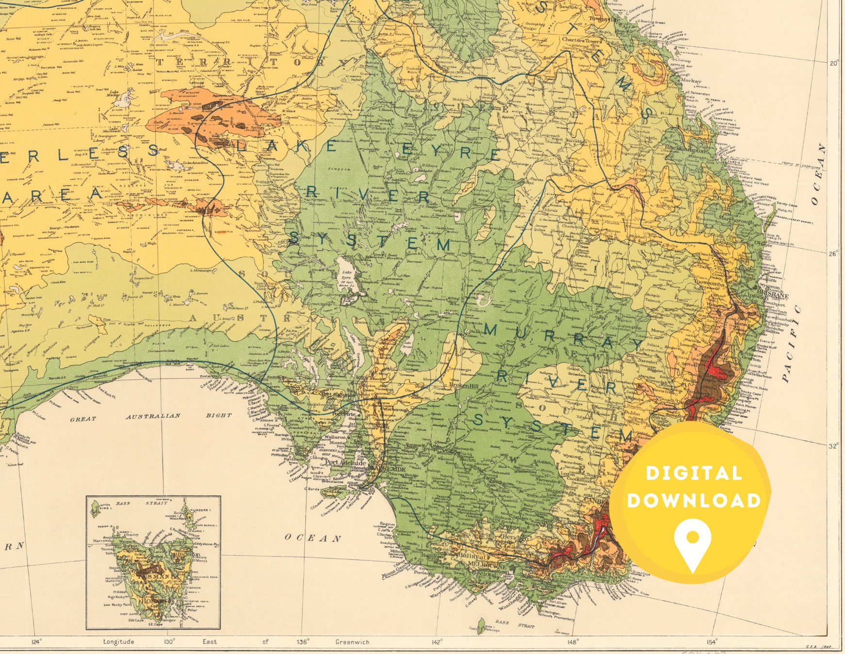 Map of Australia. 1942. Terrain Map, Orographical Map, Vintage Map ...