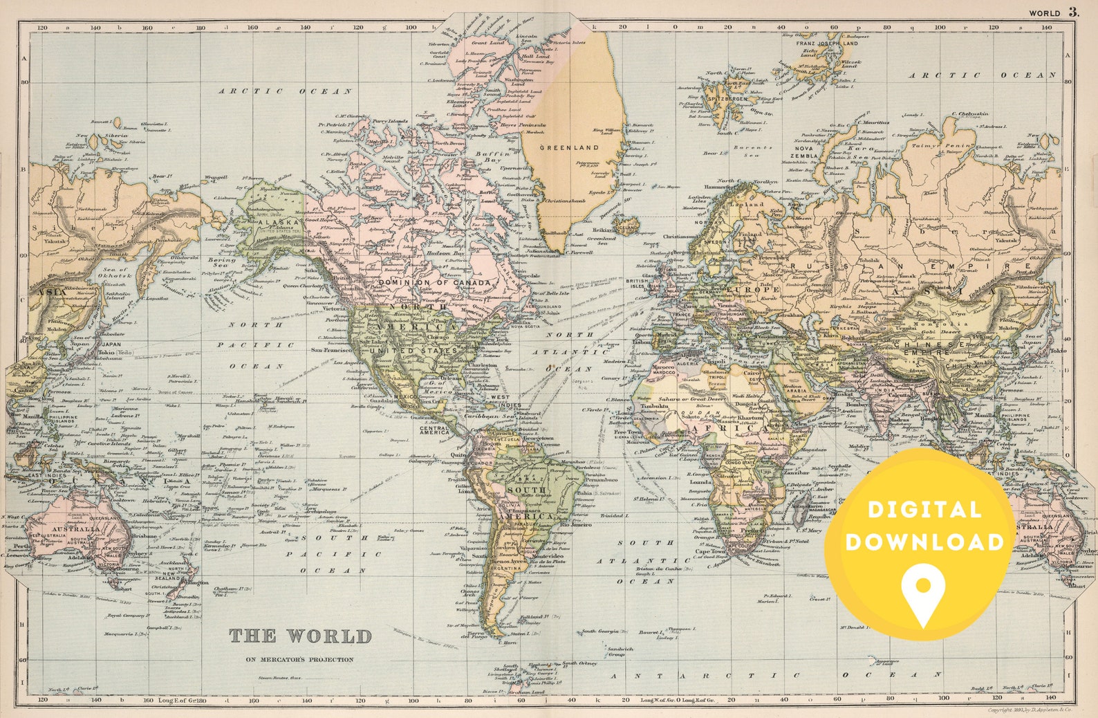 World Map, Vintage School Map, 1800s Map World Atlas, Printable Art Map ...