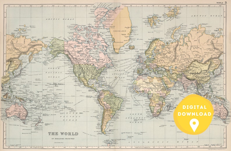 World Map, Vintage School Map, 1800s Map World Atlas, Printable Art Map ...