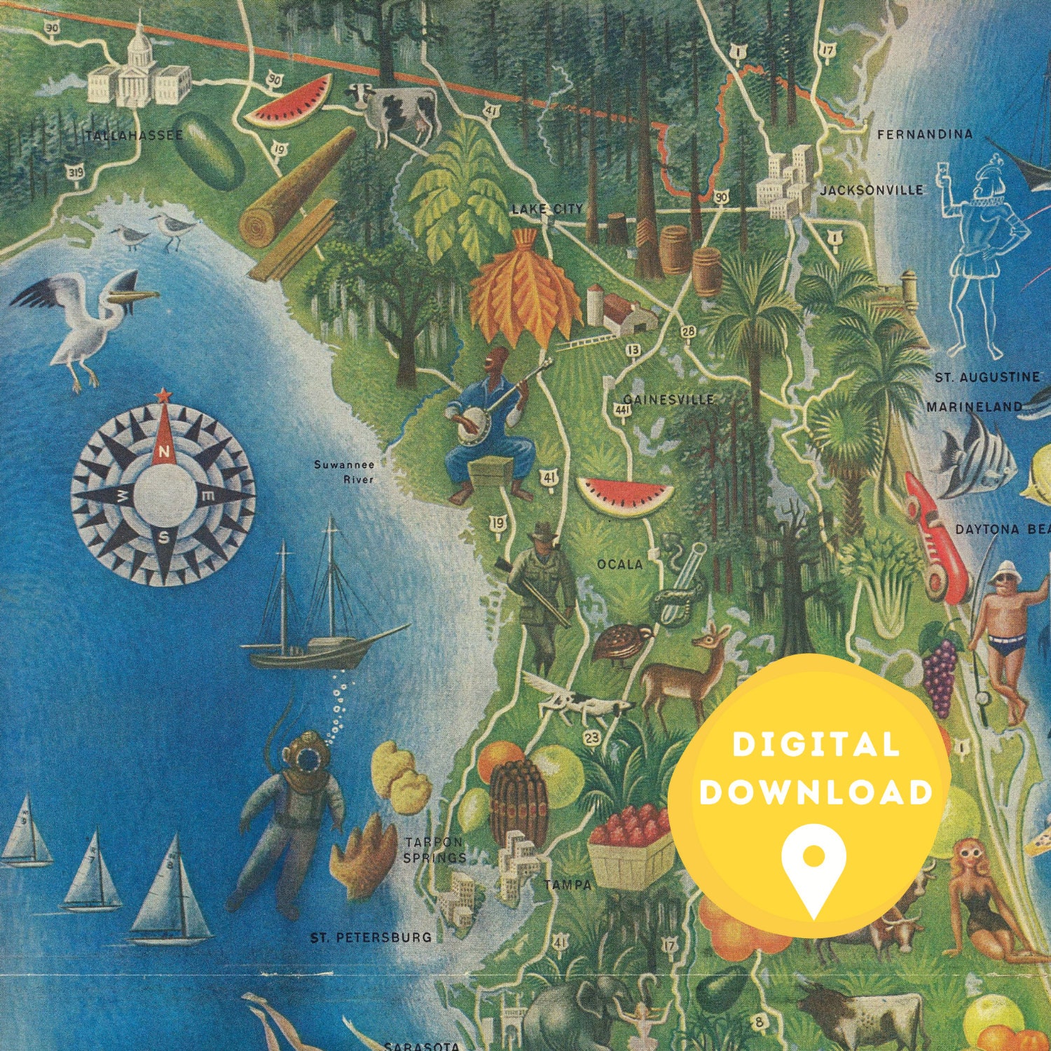 Map of Florida, Florida Map Print, Florida Poster, Florida State Map ...