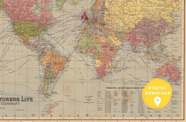 World Map, Air Routes. Digital Download, Vintage Map, Retro Map ...