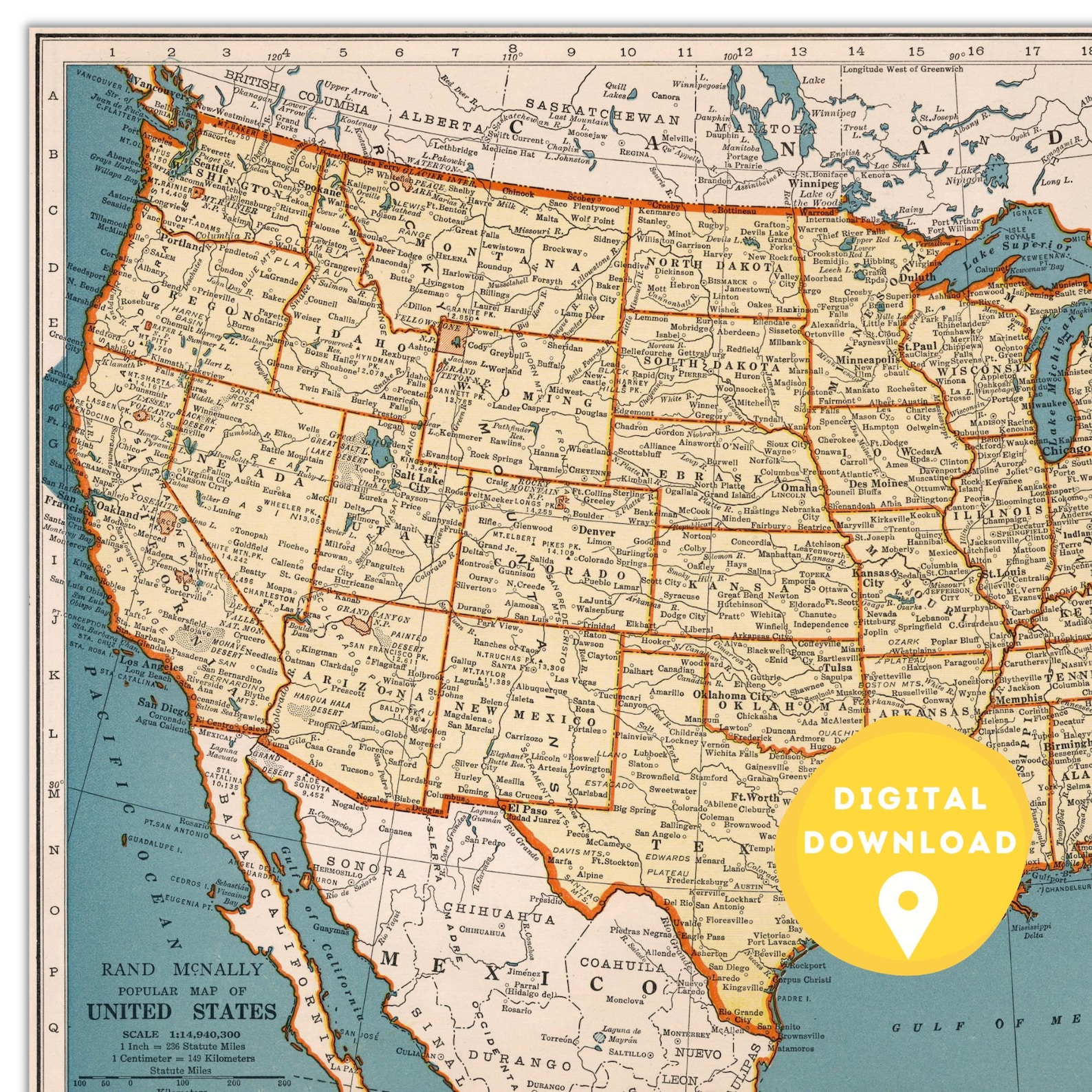 Vintage US Map Print: United States Wall Art (digital Download) - Etsy