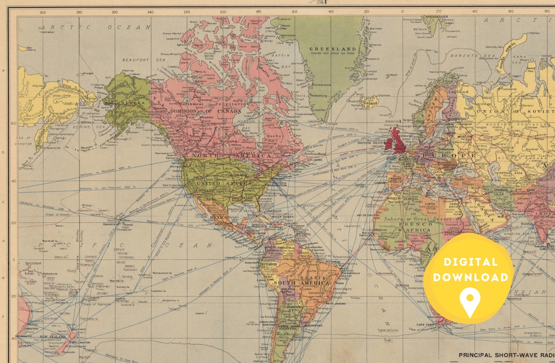 World Map, Air Routes. Digital Download, Vintage Map, Retro Map ...