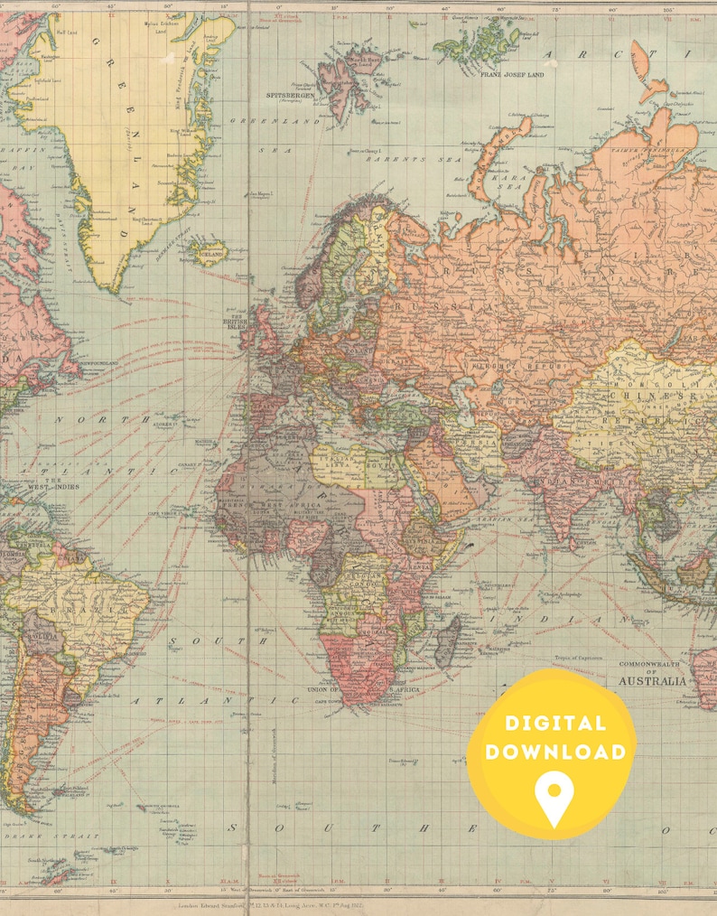 World Map Vintage School Map World Atlas Printable Art Map - Etsy Canada