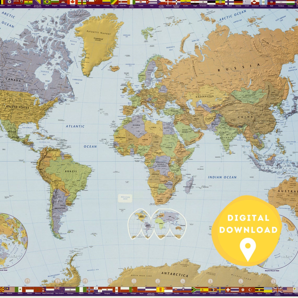Digital World Political Map, Printable Political Map, World Map Poster ...