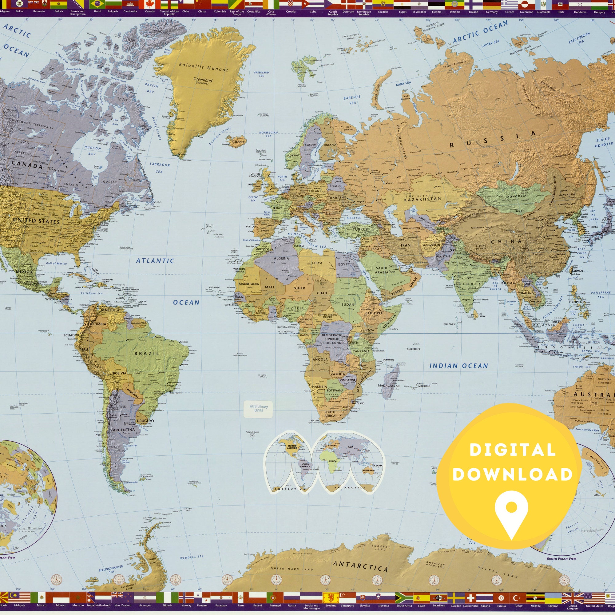 Digital World Political Map, Printable Political Map, World Map Poster ...