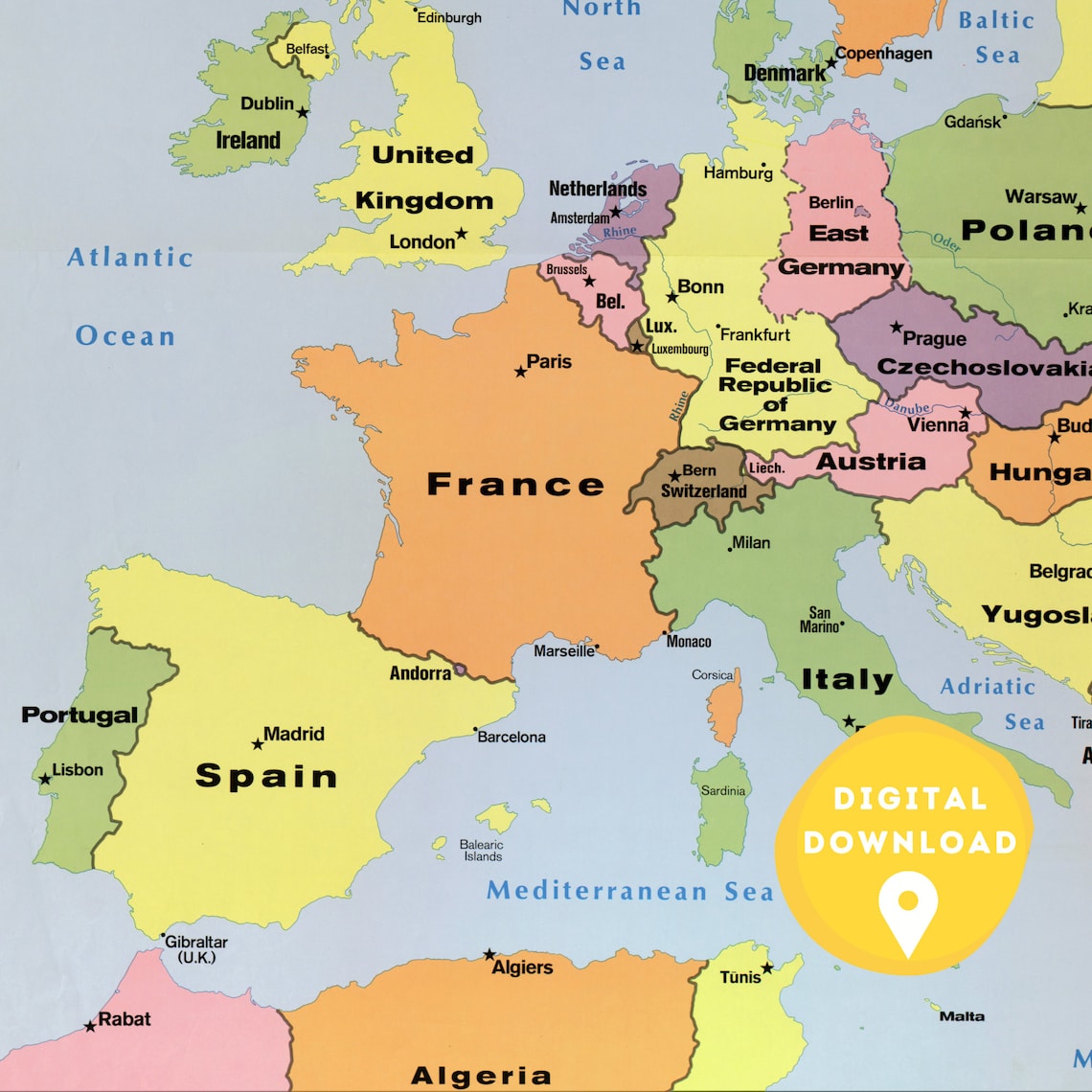 Digital Political Map of Europe 1970s Printable European Map - Etsy ...