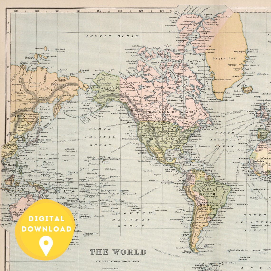 World Map set of 5 Digital Download, Vintage Map, Retro Map, Antique ...