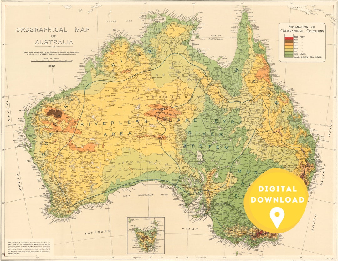 Map of Australia. 1942. Terrain Map, Orographical Map, Vintage Map ...