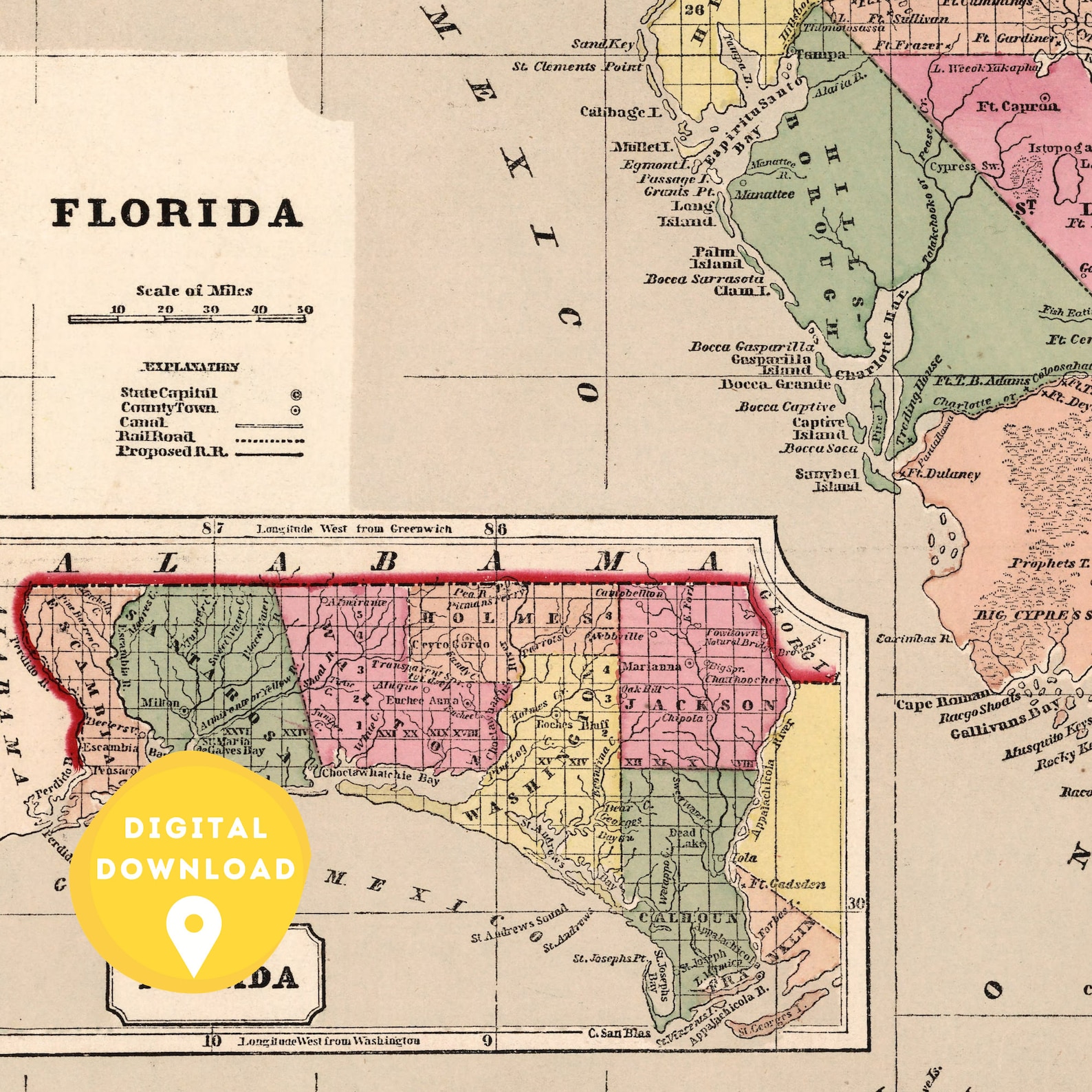 Map of Florida Florida Map Print Florida Poster Florida - Etsy