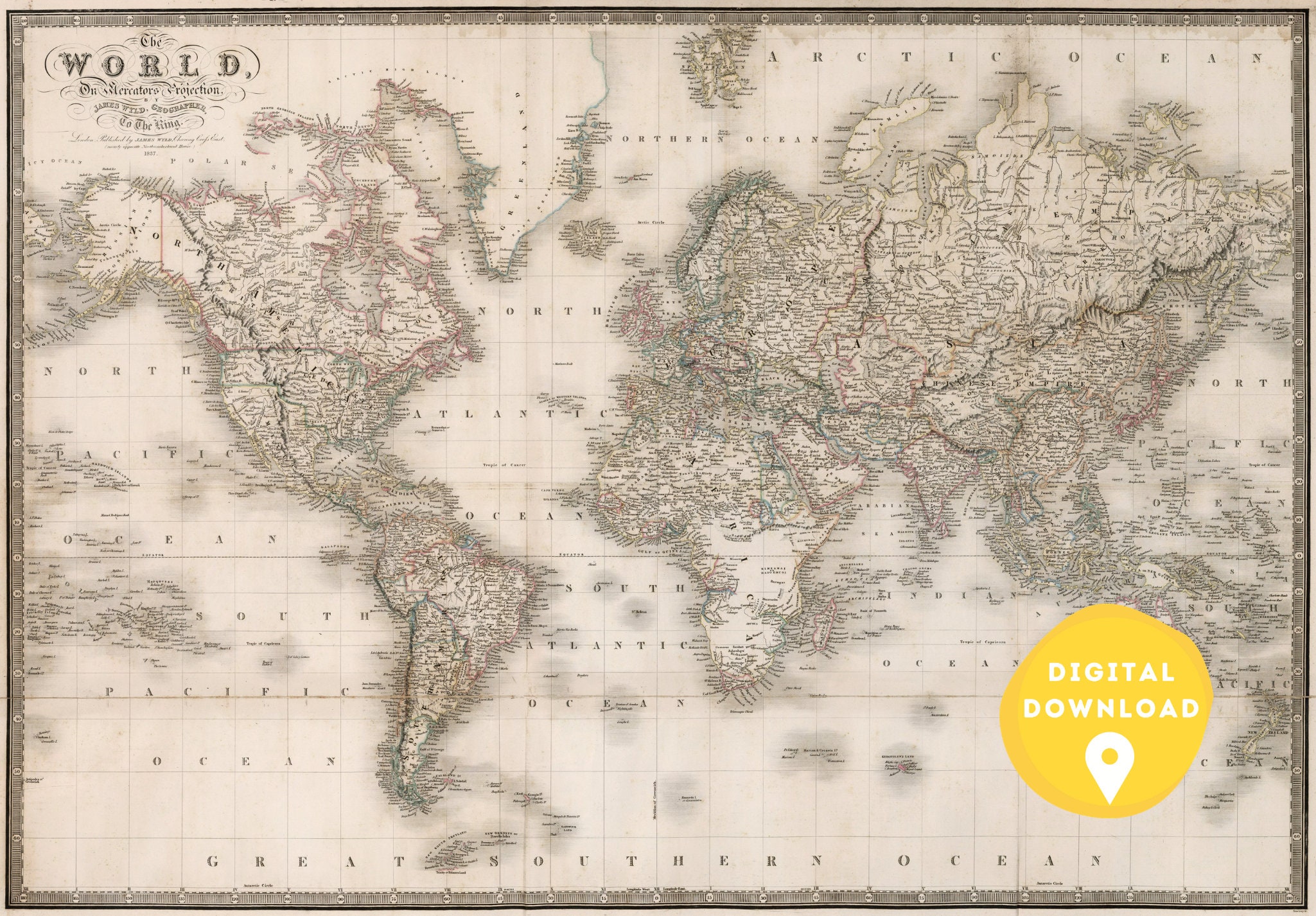Vintage World Map, Rare Map, World Map, Wall Art Printable, Retro Map ...