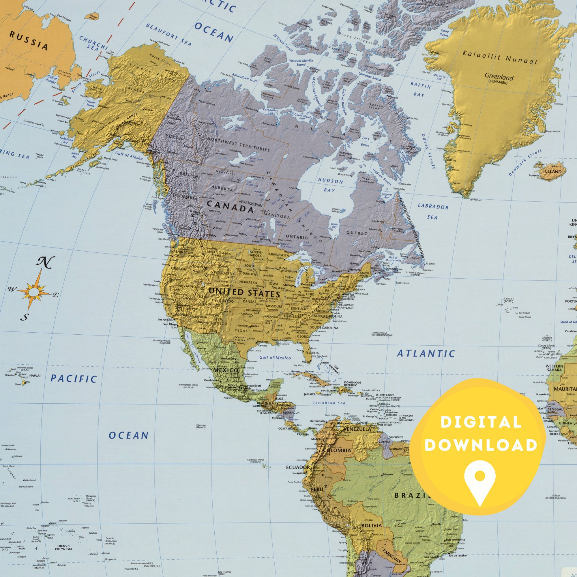 Digital World Political Map, Printable Political Map, World Map Poster ...