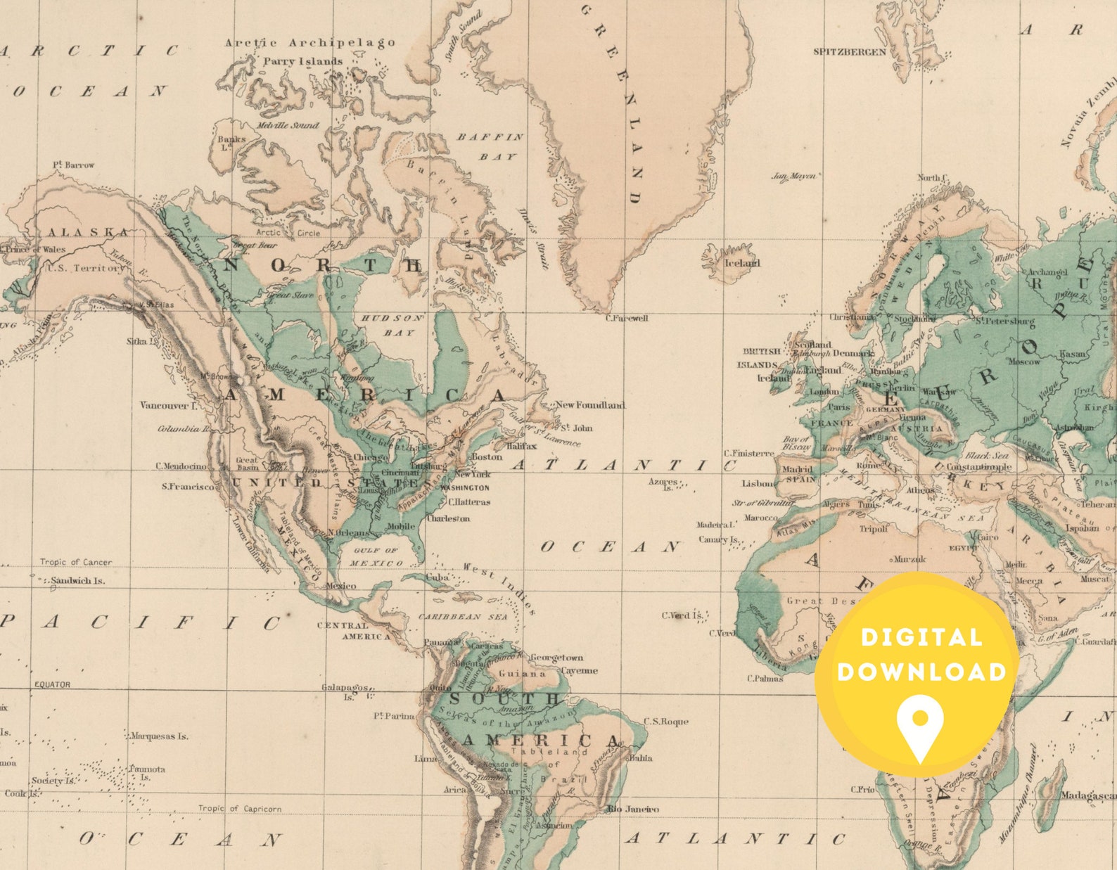 1870 World Map: Vintage Terrain Map (digital Download) - Etsy