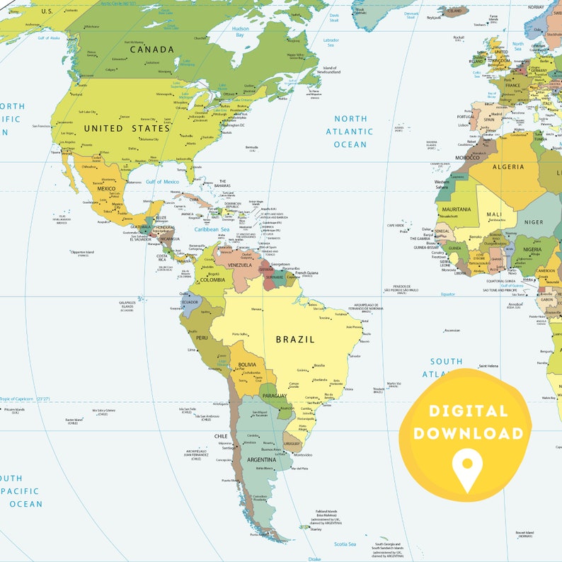 Digital World Political Map, Printable Political Map, World Map Poster ...