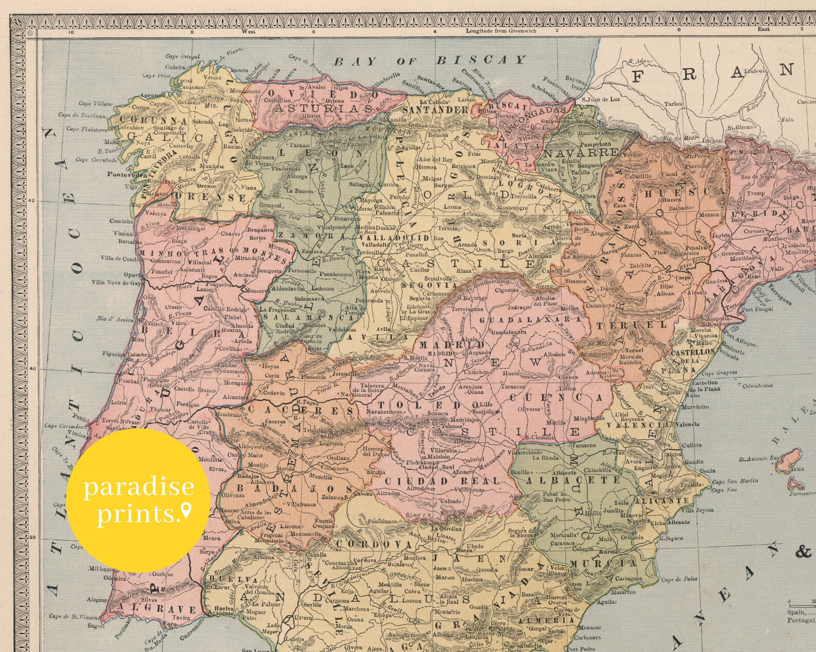 Map of Spain, Spain Map Print, Spain Poster, Spain Wall Art, Old Map of ...