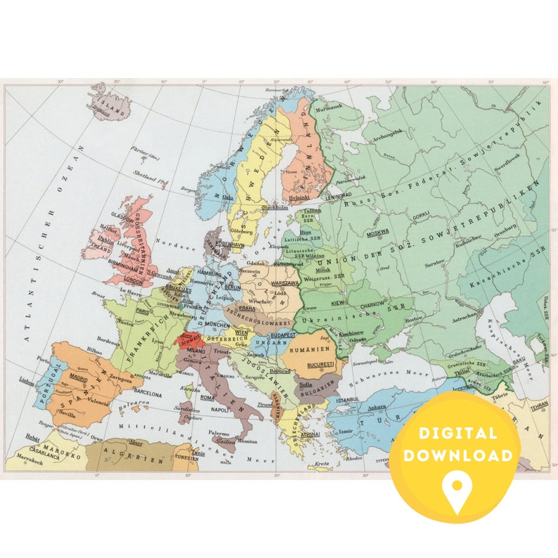 1950s Europe Political Map: Retro German Printable (digital Download ...