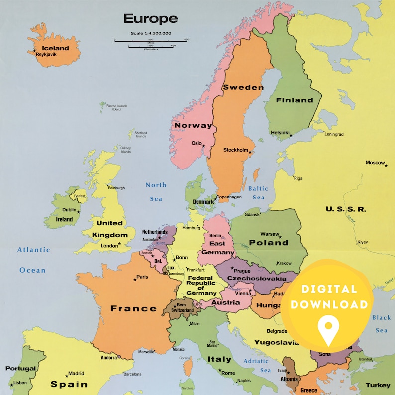 1970s Europe Political Map: Vintage Style Wall Art (digital Download ...