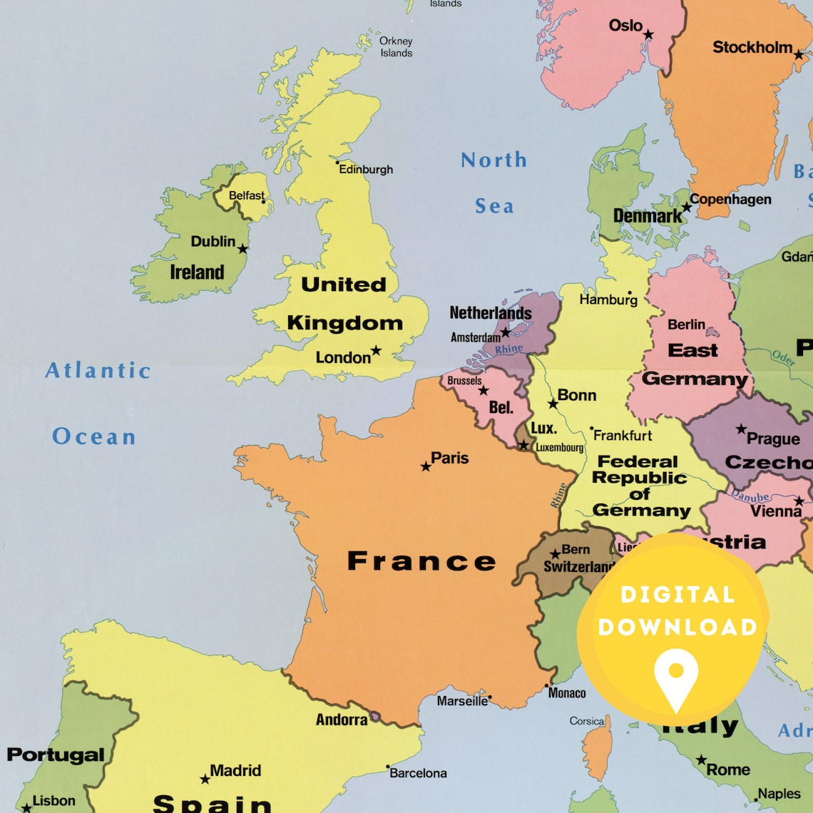 Digital Political Map of Europe 1970s Printable European Map - Etsy Israel