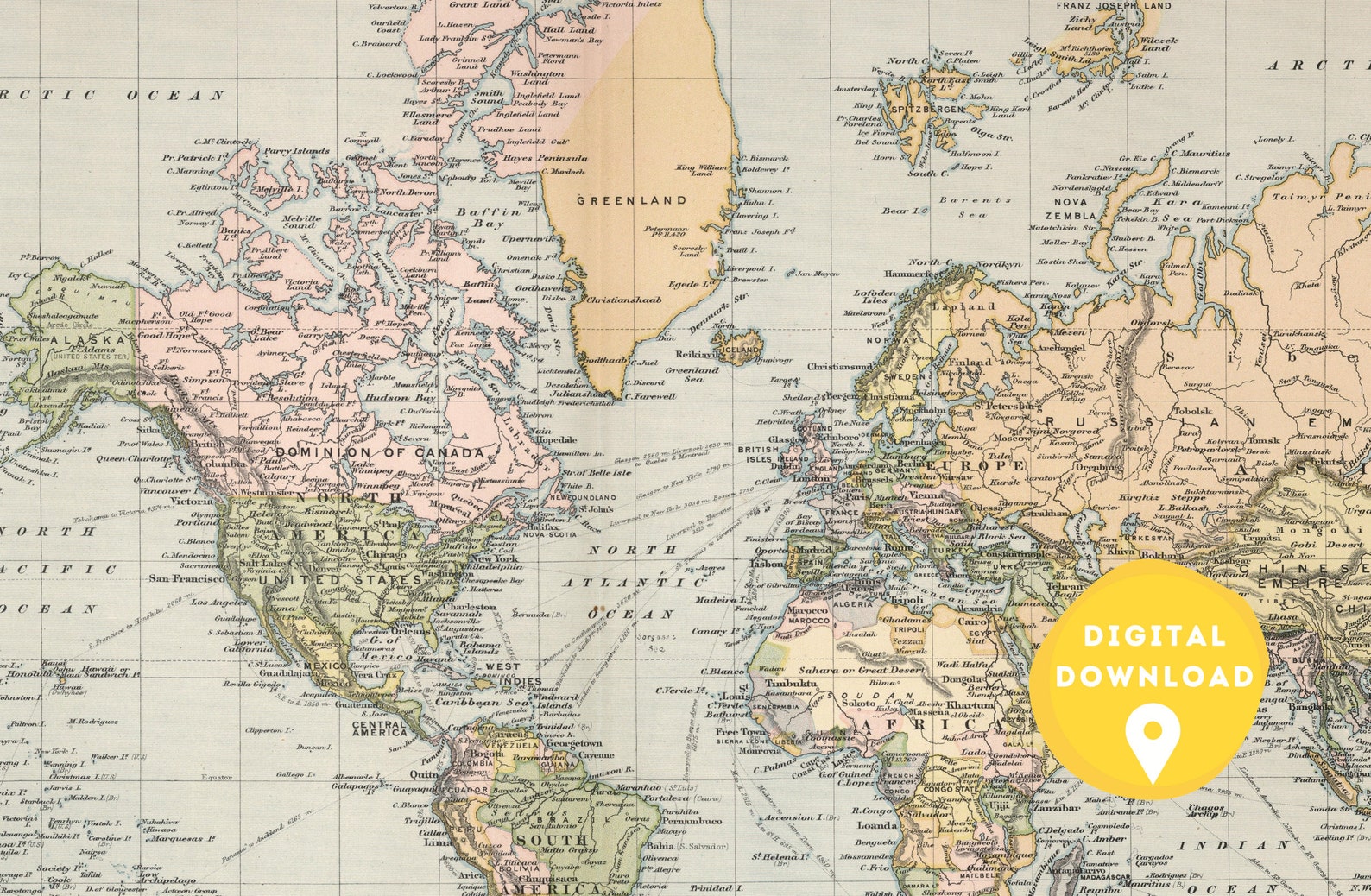 World Map, Vintage School Map, 1800s Map World Atlas, Printable Art Map ...