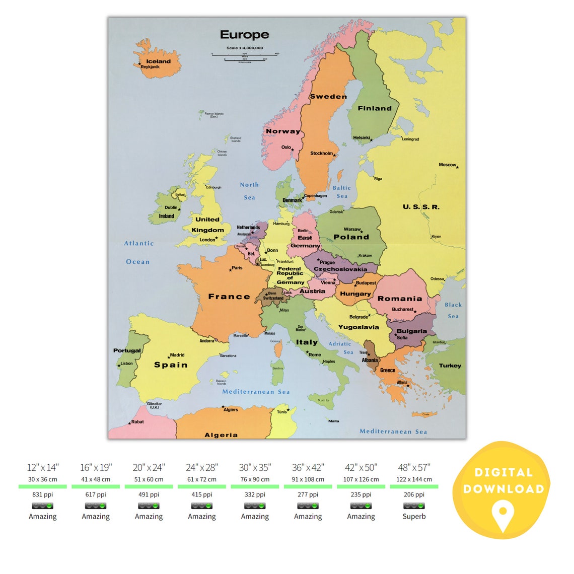 Digital Political Map of Europe 1970s Printable European Map - Etsy Israel
