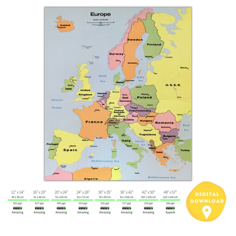 Buy 1970s Europe Political Map: Vintage Style Wall Art (digital ...