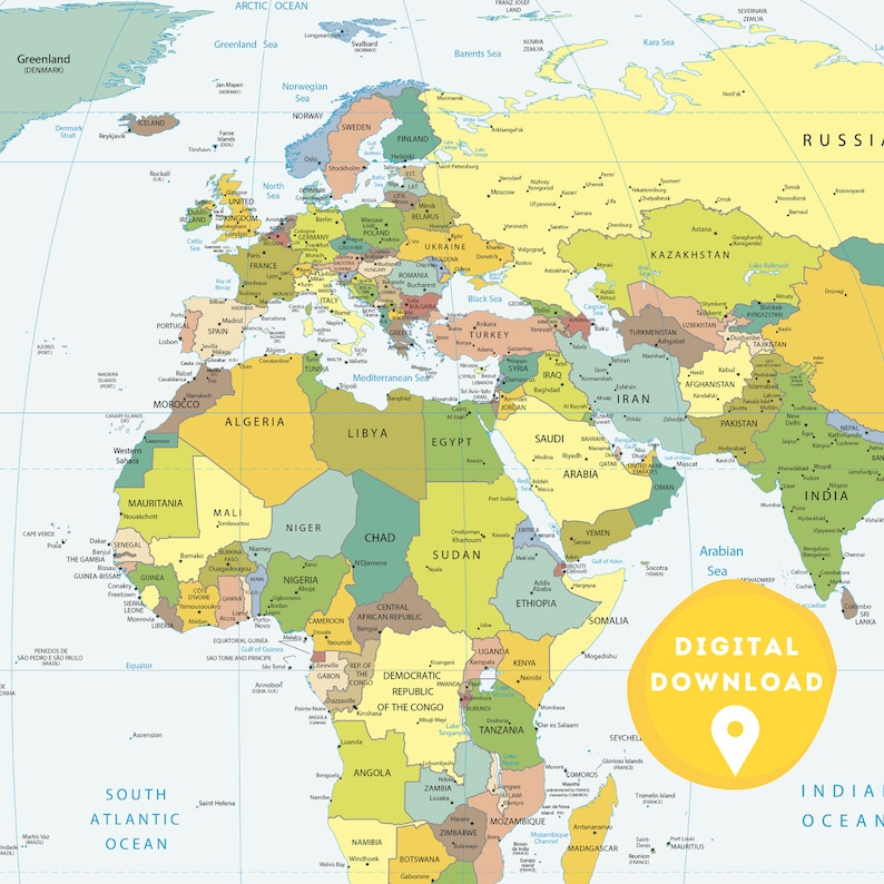 Digital World Political Map, Printable Political Map, World Map Poster ...