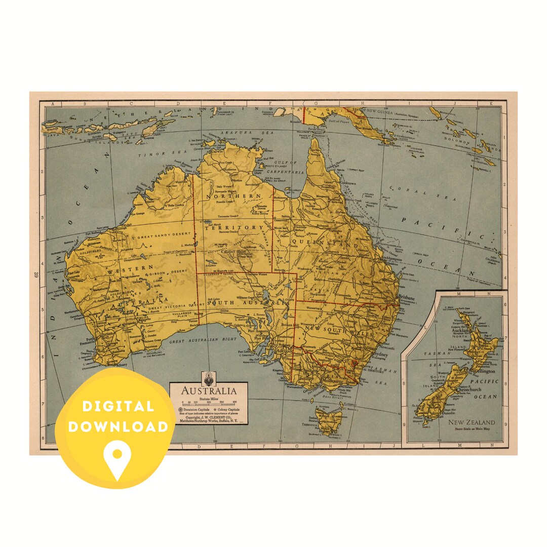Map of Australia, World Map Poster, Printable Map, Vintage Map, Antique ...