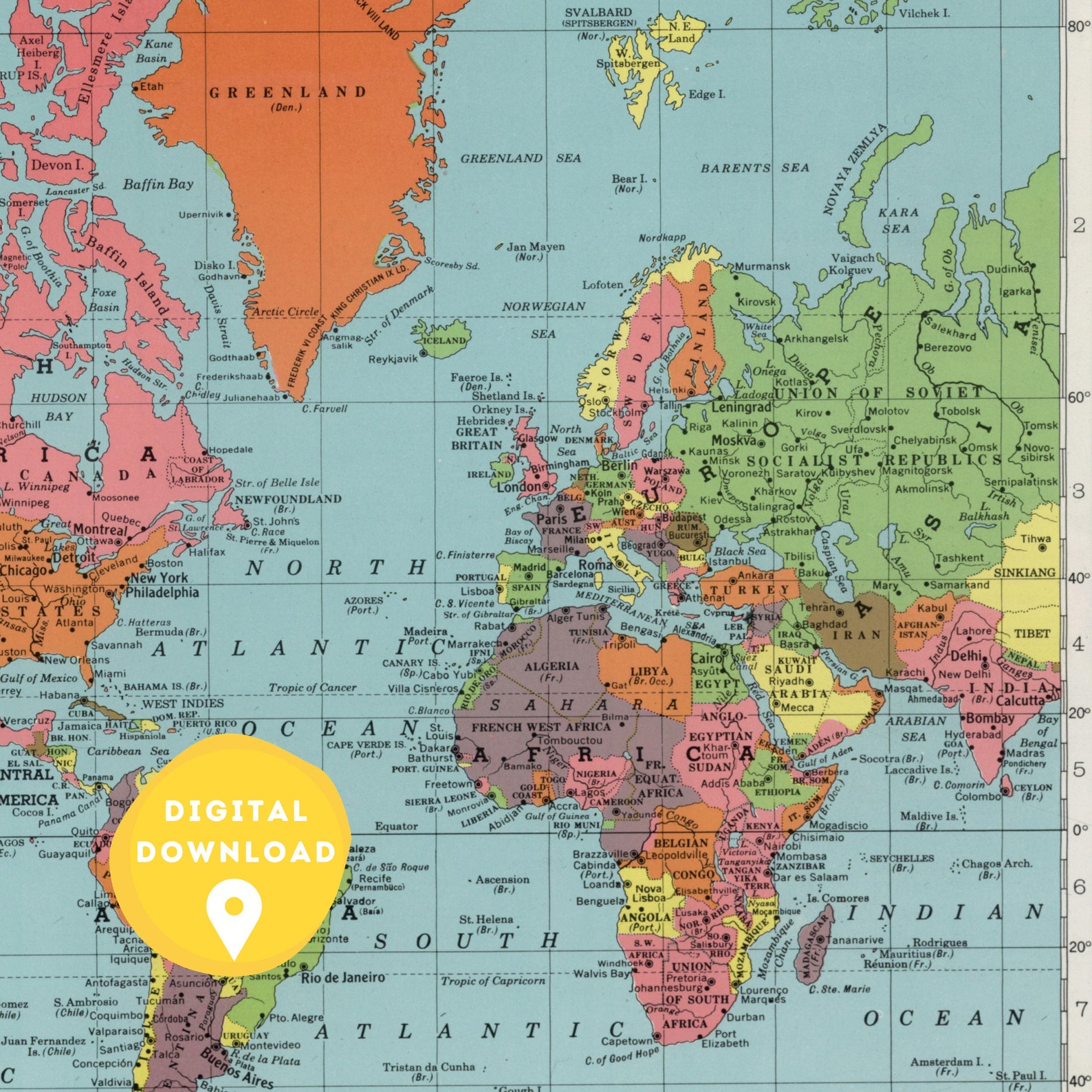 Vintage World Map Poster: 1948 World Atlas (digital Download) - Etsy