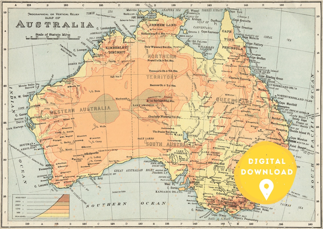Map of Australia, Printable Map, Australia Poster, Map Poster, Vintage ...