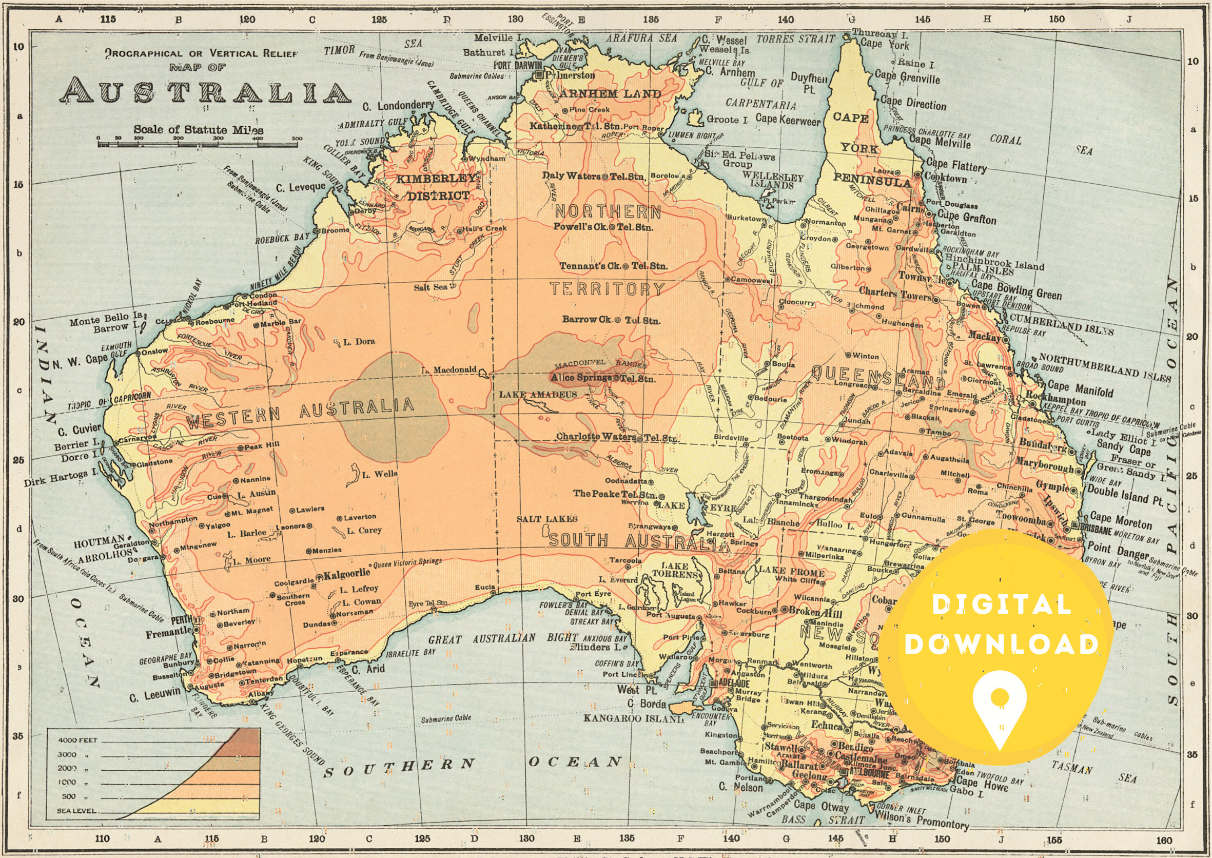 Map of Australia, Printable Map, Australia Poster, Map Poster, Vintage ...
