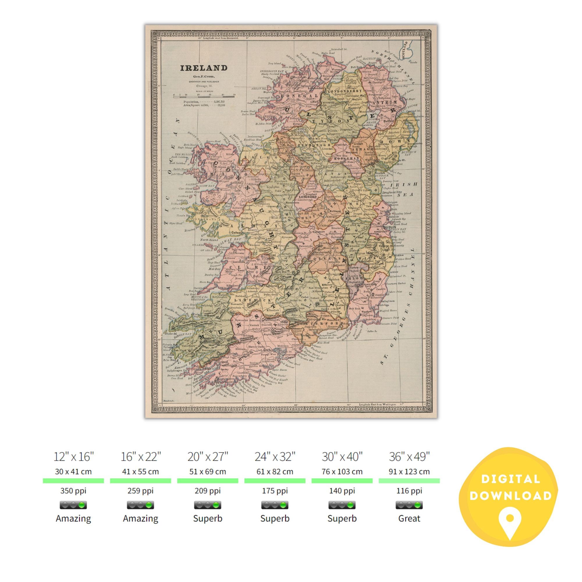 Map of Ireland, Printable Ireland Map, Ireland Map Poster, Ireland Map ...