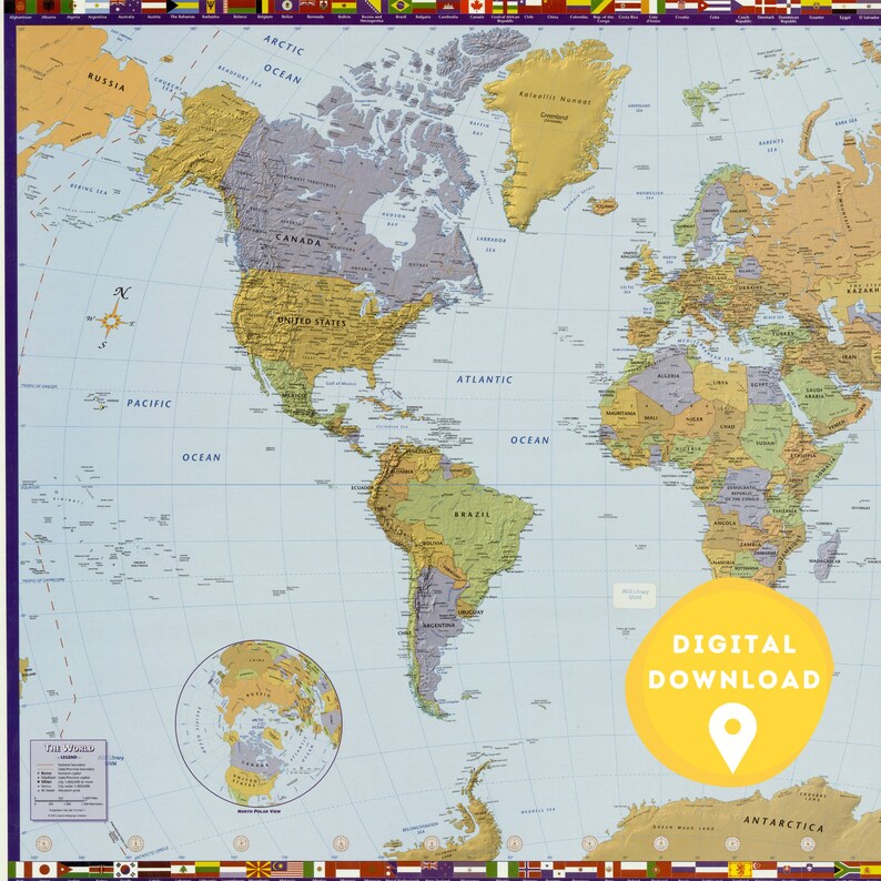 Digital World Political Map, Printable Political Map, World Map Poster ...