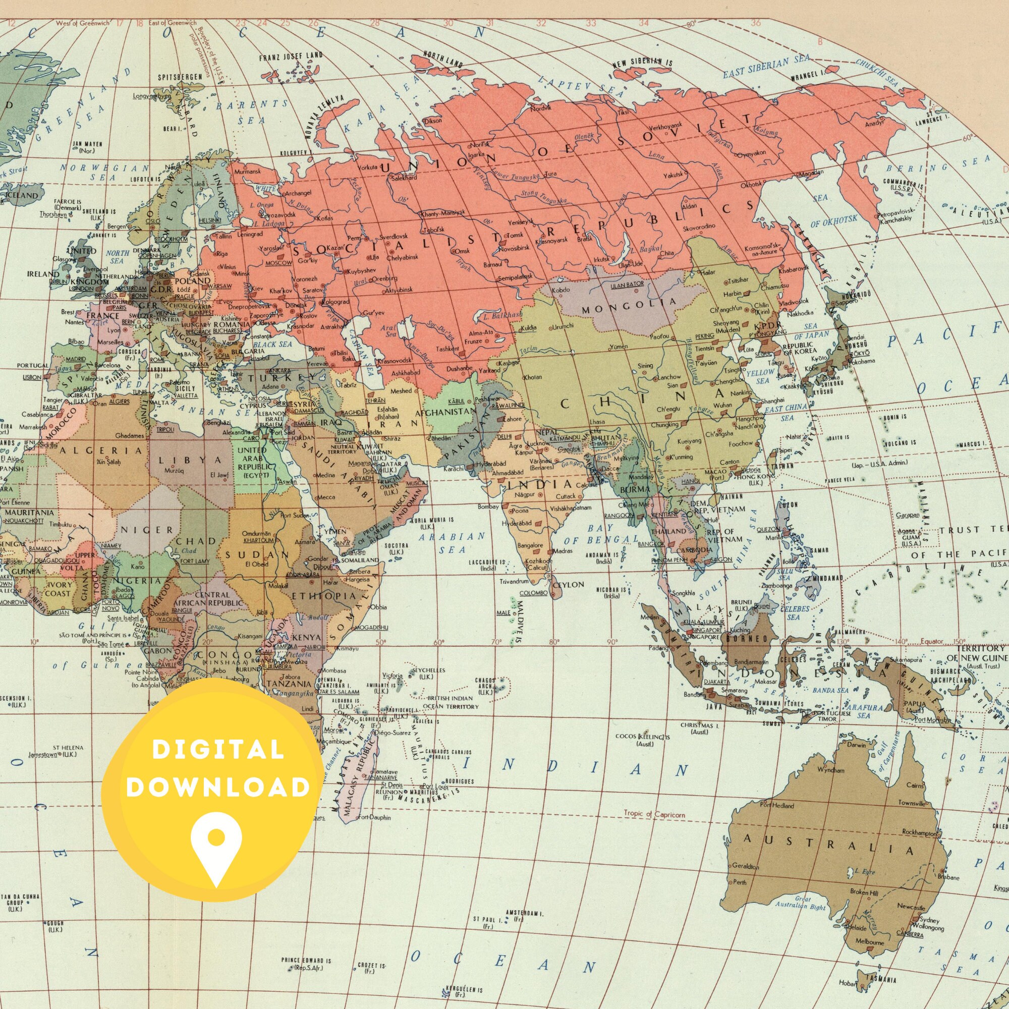 Vintage World Map Poster: 1967 World Atlas (digital Download) - Etsy