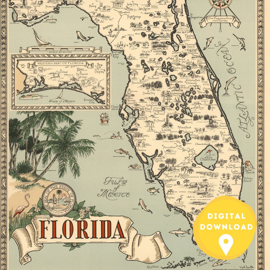 Florida Map set of 3 Digital Download Vintage Map Retro - Etsy